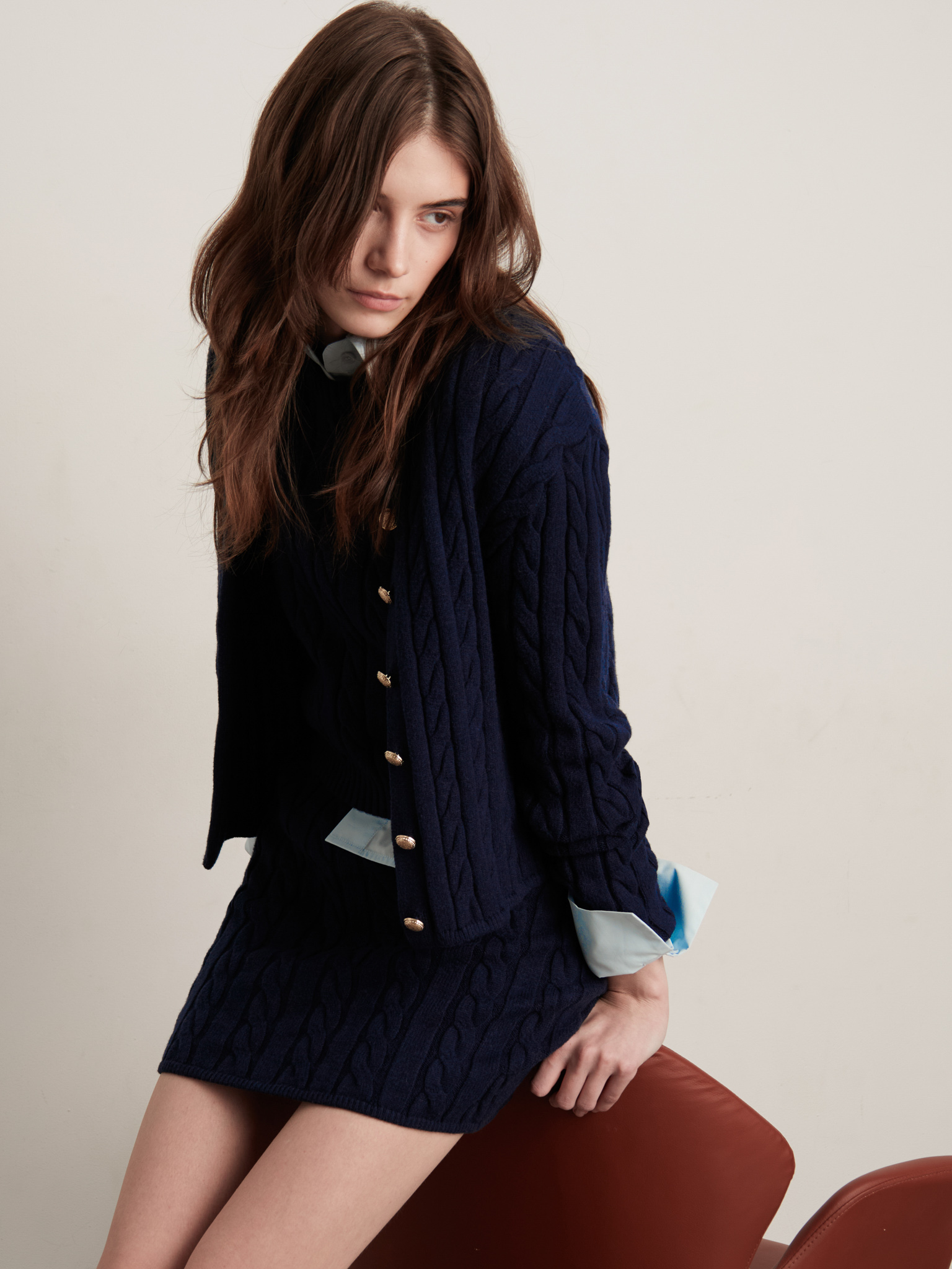 Textured knitted cardigan with golden buttons :: LICHI - Online fashion ...
