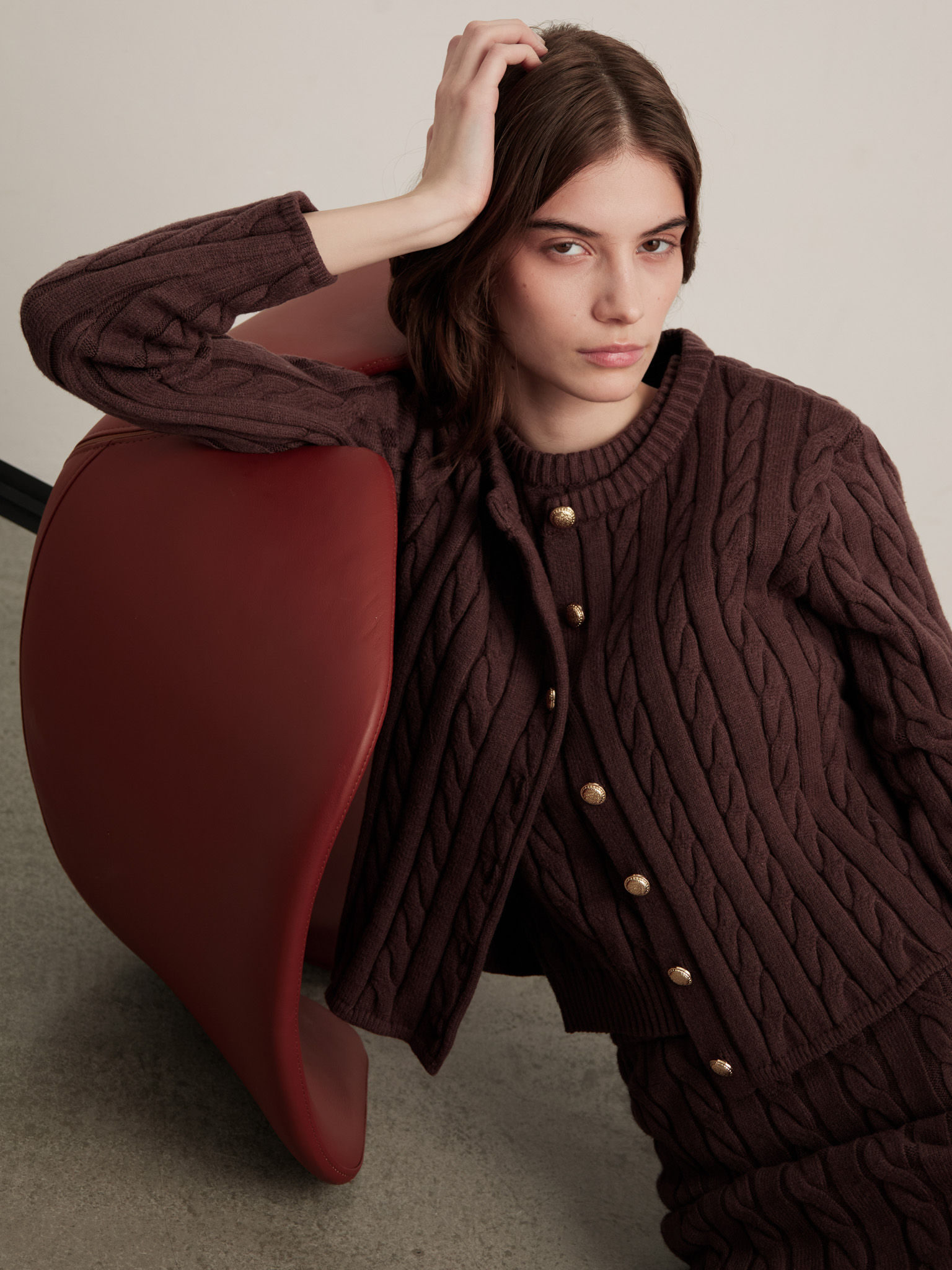 Textured knitted cardigan with golden buttons :: LICHI - Online fashion ...