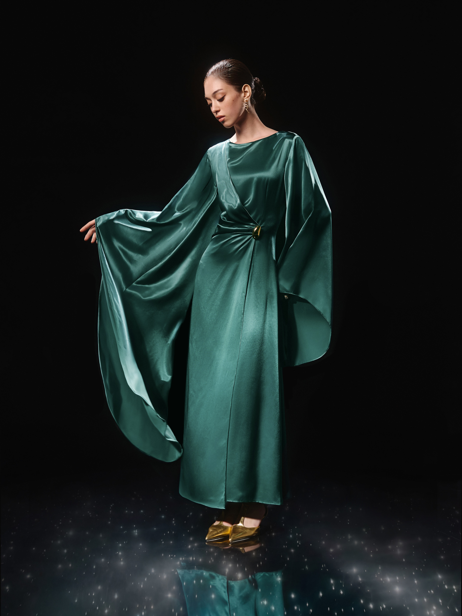 Satin maxi dress with asymmetrical sleeves :: LICHI - Online fashion store