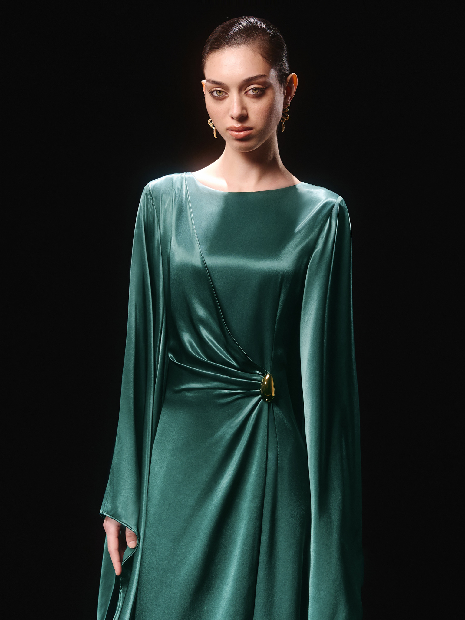 Satin maxi dress with asymmetrical sleeves :: LICHI - Online fashion store