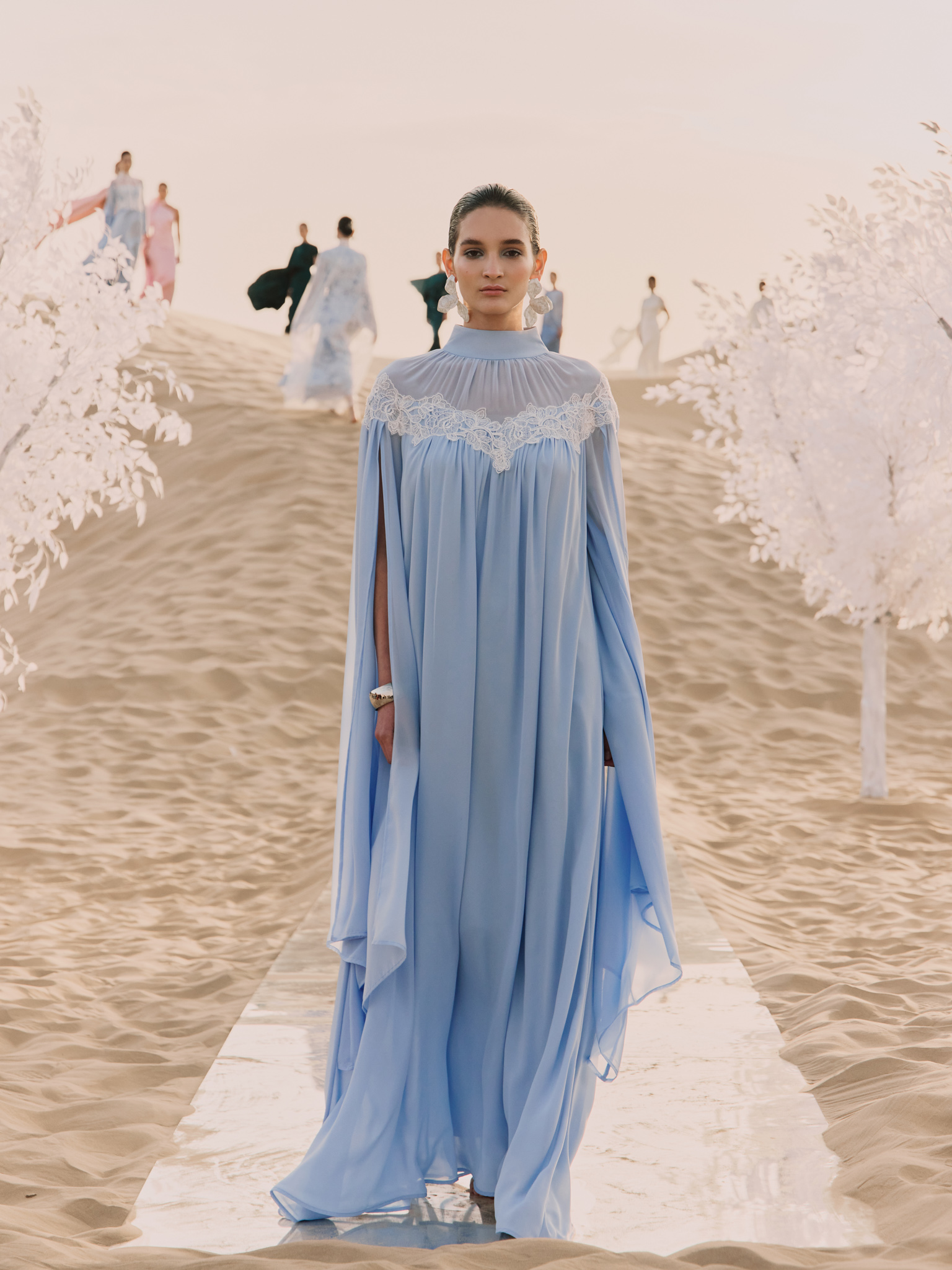 Lightweight maxi dress with ruffled bodice :: LICHI - Online fashion store